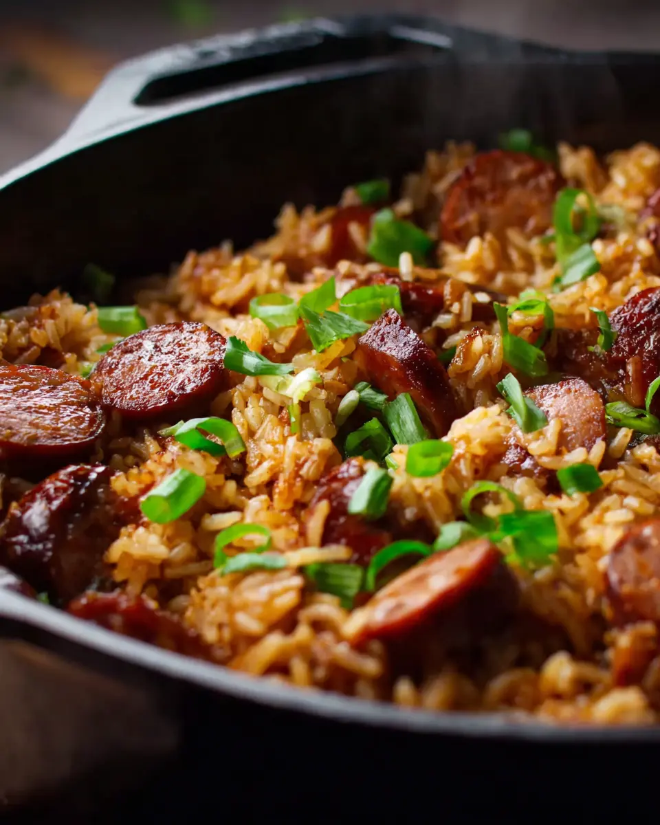 One Pan Sweet and Tangy Barbecue Sausage Rice Recipe